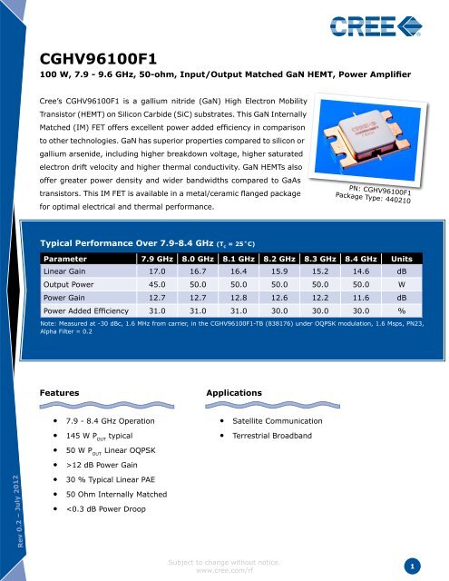 Cree, CGHV96050F1 50W, 7.9-8.4GHz, GaN HEMT IM ... - Cree, Inc.