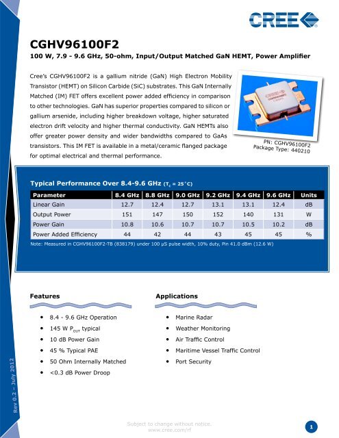 Cree, CGHV96050F2 50W, 8.4-9.6GHz, GaN HEMT IM ... - Cree, Inc.
