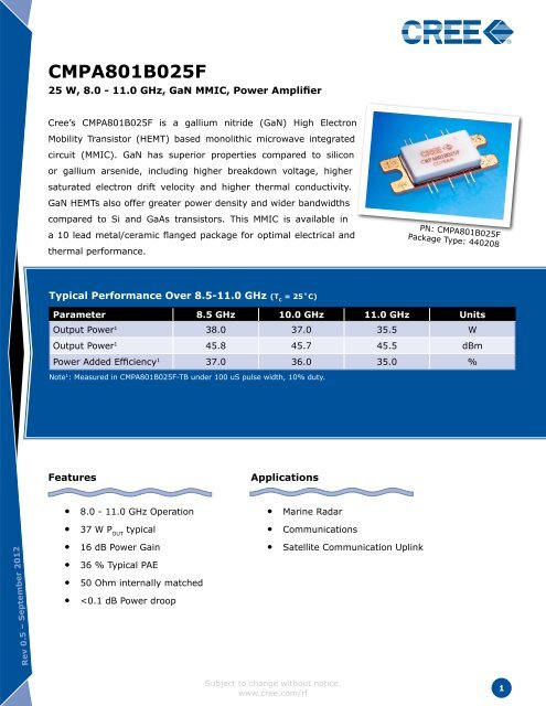 Cree, CMPA801B025F 25W, 8.0-11.0 GHz, GaN HEMT ... - Cree, Inc.