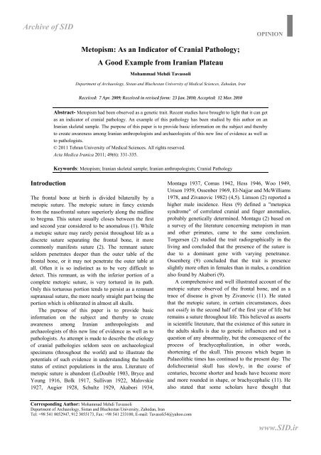 METOPISM: AS AN INDICATOR OF CRANIAL PATHOLOGY; A ...