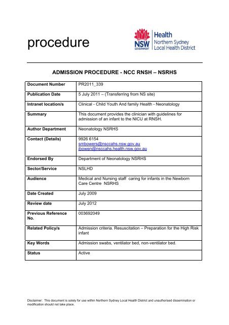 Admission Procedure NCC RNSH - NSRHS - Northern Sydney ...