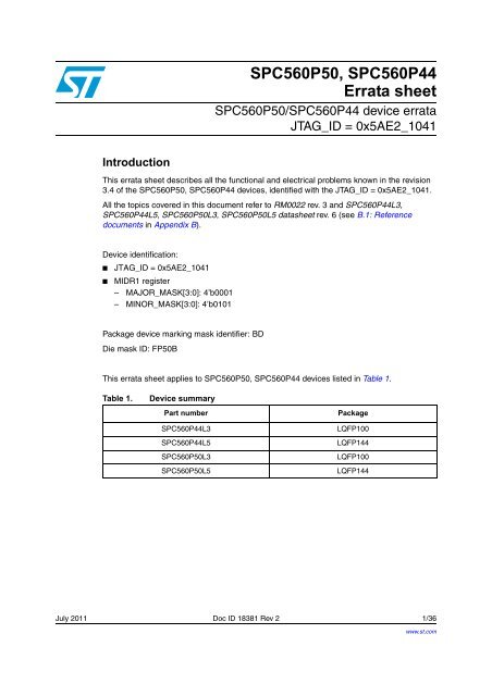 SPC560P50, SPC560P44 Errata sheet - STMicroelectronics
