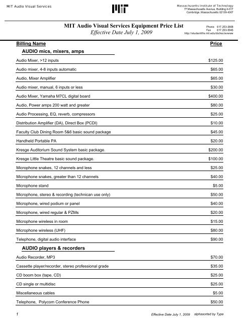 MIT Audio Visual Services Equipment Price List Effective Date July 1 ...