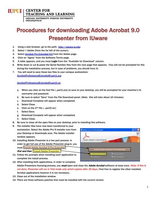 Procedures for downloading Adobe Acrobat 9.0 Presenter from IUware