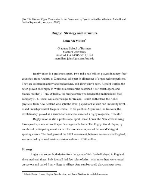 Rugby: Strategy and Structure John McMillan - Stanford University