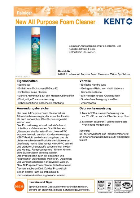 Reiniger New All Purpose Foam Cleaner