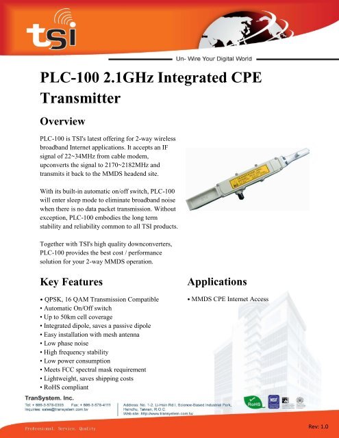 PLC-100 2.1GHz Integrated CPE Transmitter Overview