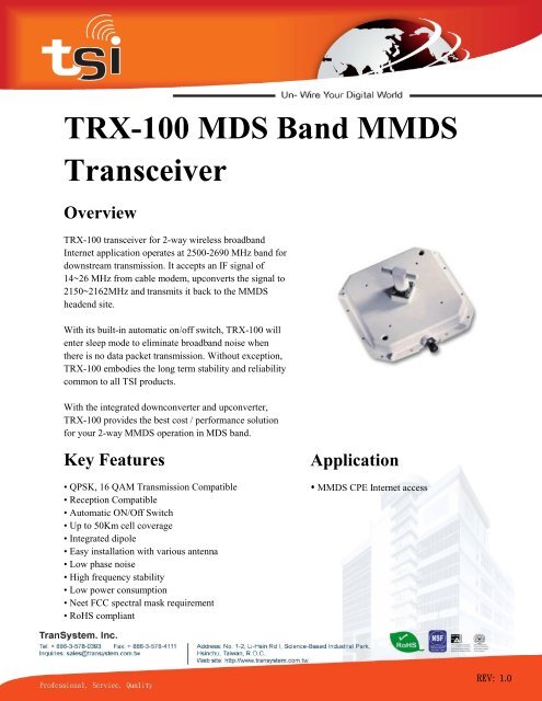 TRX-100 MDS Band MMDS Transceiver Overview