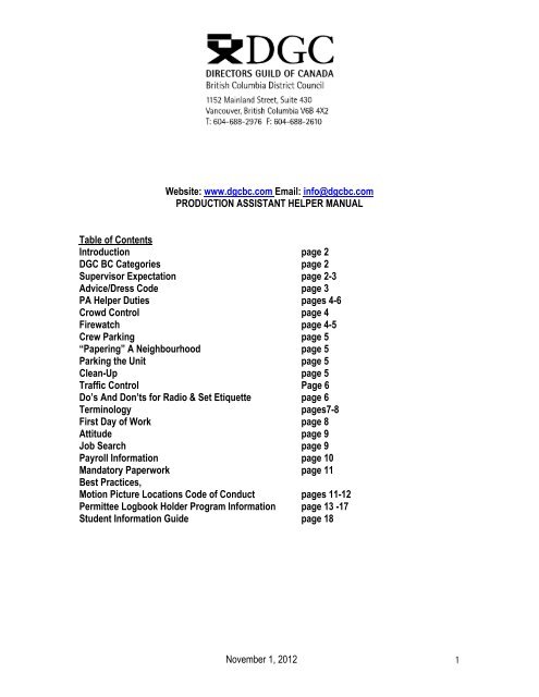 Info@dgcbc - Directors Guild of Canada - BC District Council