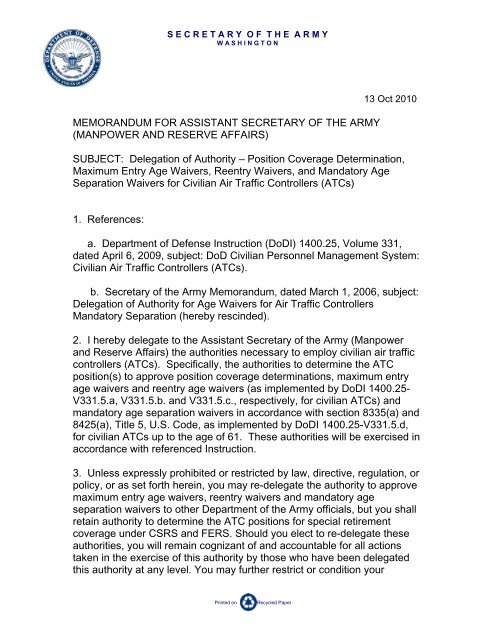 MEMORANDUM FOR ASSISTANT SECRETARY OF THE ARMY ...