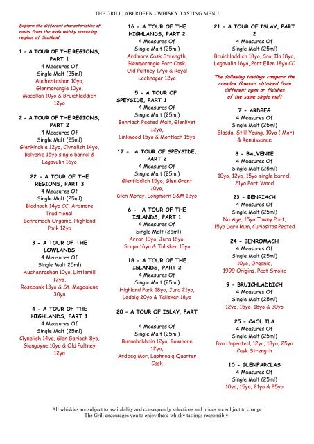THE GRILL, ABERDEEN - WHISKY TASTING MENU All whiskies ...