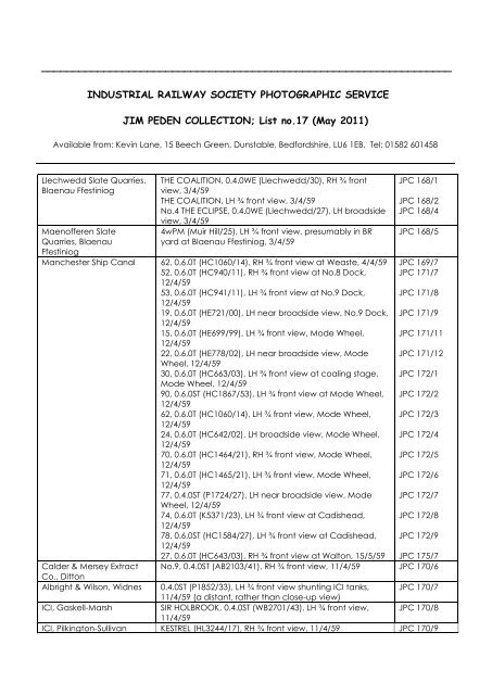 Jim Peden Collection - List No.17 - Industrial Railway Society