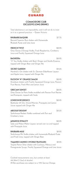 see sample menu - Cunard Line
