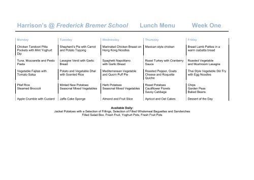 Harrison's @ Frederick Bremer School Lunch Menu Week One