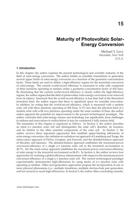 Maturity of Photovoltaic Solar- Energy Conversion - InTech