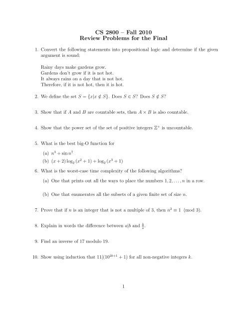 CS 2800 – Fall 2010 Review Problems for the Final
