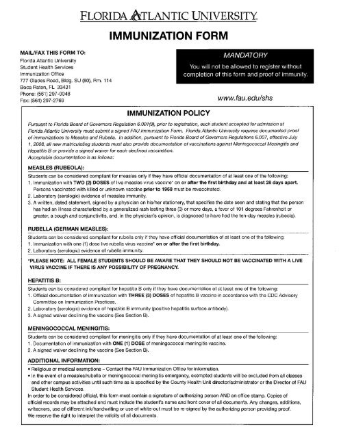 FLORIDA ATLANTIC UNIVERSITY. IMMUNIZATION FORM