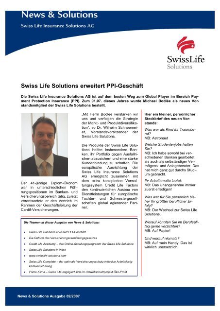 Swiss Life Solutions erweitert PPI-Geschäft - Swiss Life Insurance ...