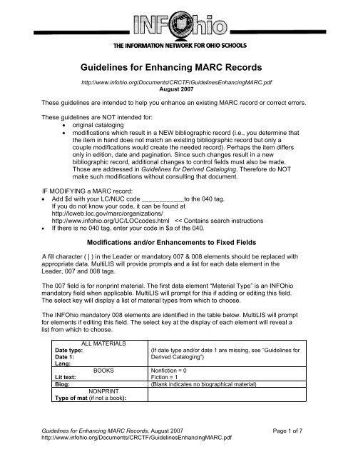 Guidelines for Enhancing MARC Records - INFOhio