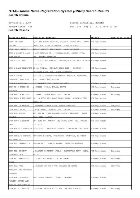 DTI-Business Name Registration System (BNRS) Search Results