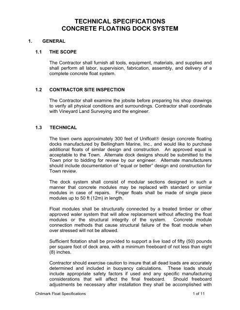 technical specifications concrete floating dock ... - Town of Chilmark