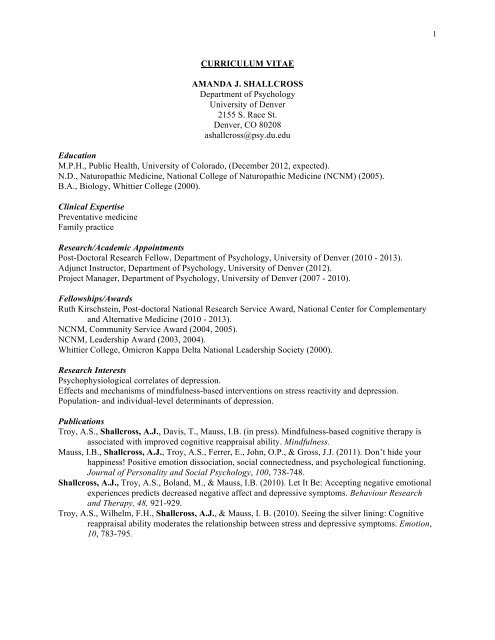 CURRICULUM VITAE AMANDA J. SHALLCROSS Department of ...