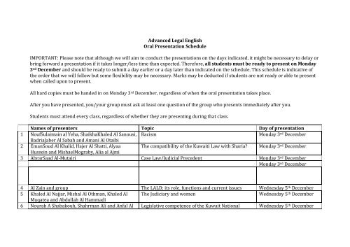 Presentation Schedule - Dr Myra Williamson