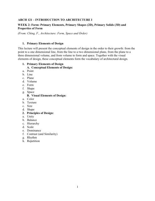 1 ARCH 121 – INTRODUCTION TO ARCHITECTURE I WEEK 2 ...