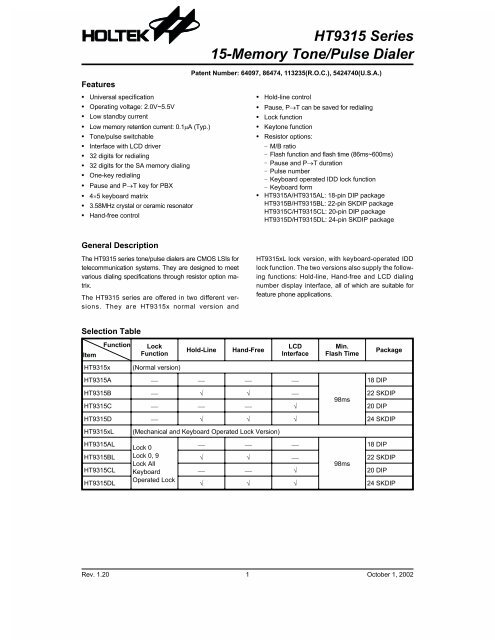 HT9315 Series - 15-Memory Tone/Pulse Dialer