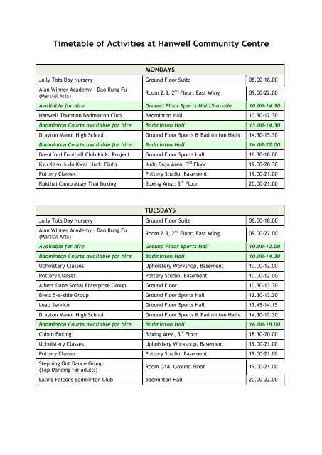 Timetable of Activities at Hanwell Community Centre