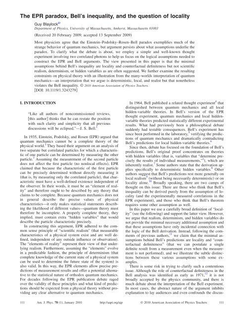 The EPR paradox, Bell's inequality, and the question - Statistical ...