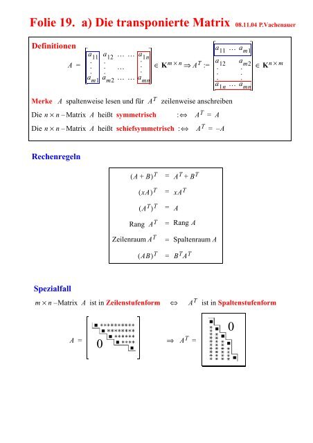 Folie 19. a) Die transponierte Matrix Definitionen