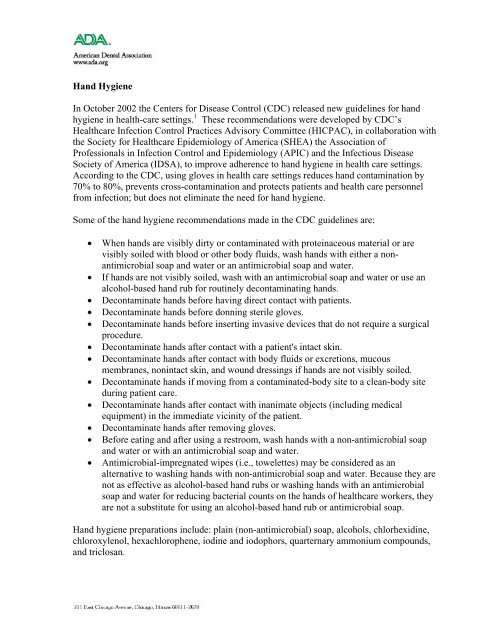 CDC Guidelines: Hand Hygiene - American Dental Association