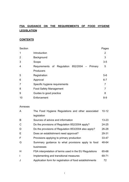 FSA GUIDANCE ON THE REQUIREMENTS OF FOOD HYGIENE ...