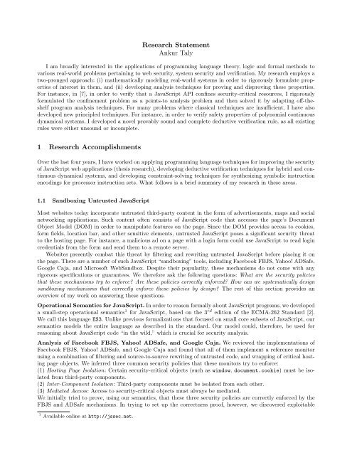 Research Statement Ankur Taly 1 Research Accomplishments