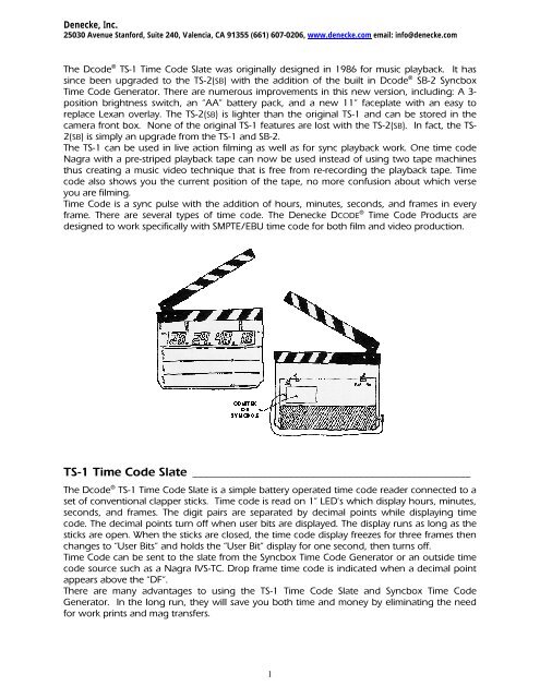 TS-1 Time Code Slate - Denecke, Inc.