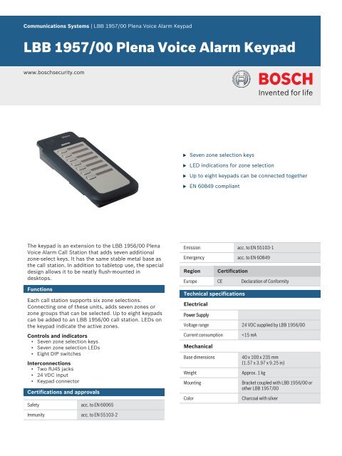 LBB 1957/00 Plena Voice Alarm Keypad - Bosch Security Systems