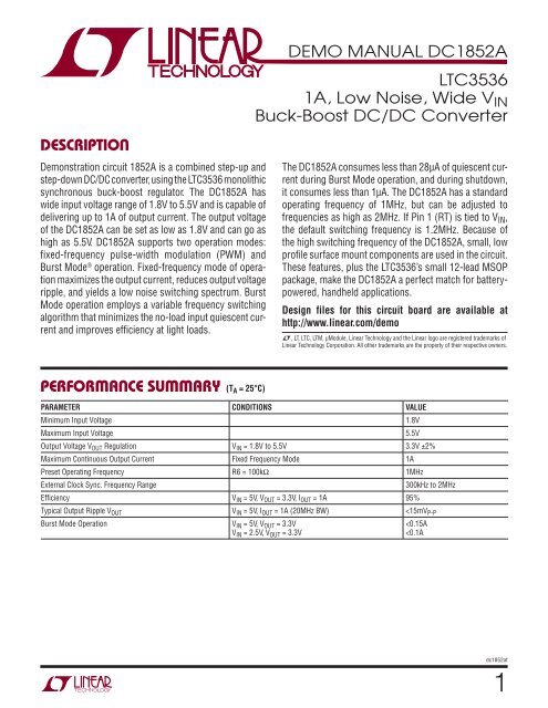 DC1852A - LTC3536 1A, Low Noise, Wide VIN Buck-Boost DC/DC ...