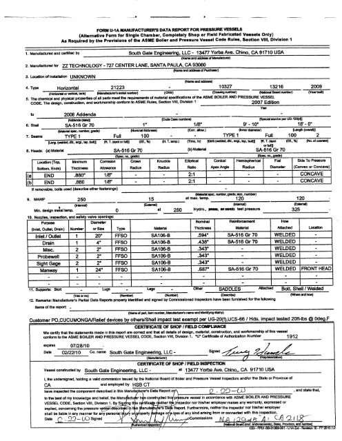FORM U-1A MANUFACTURER'S DATA REPORT FOR PRESSURE ...