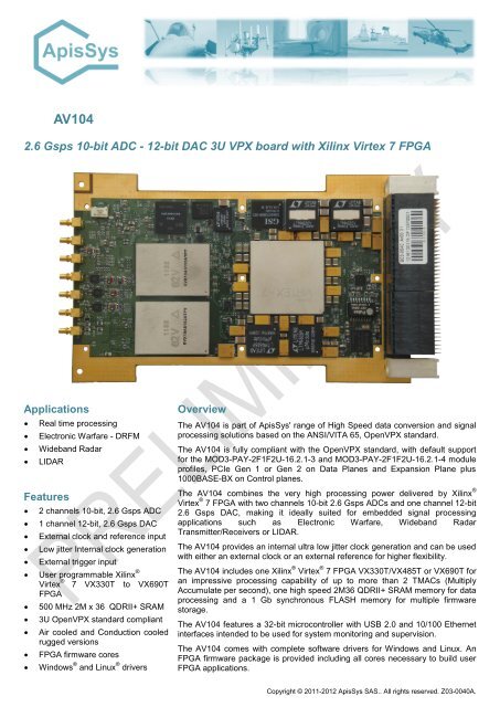 2.6 Gsps 10-bit ADC - 12-bit DAC 3U VPX board with ... - ApisSys
