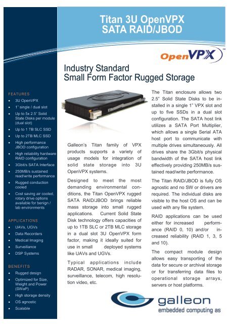 Titan 3U OpenVPX SATA RAID/JBOD - Galleon Embedded Computing