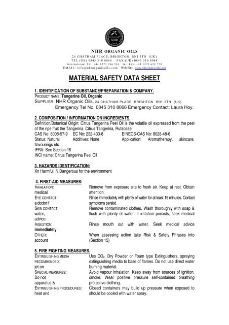 MATERIAL SAFETY DATA SHEET - NHR Organic Oils
