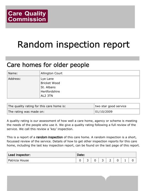 Random inspection report - Care Quality Commission