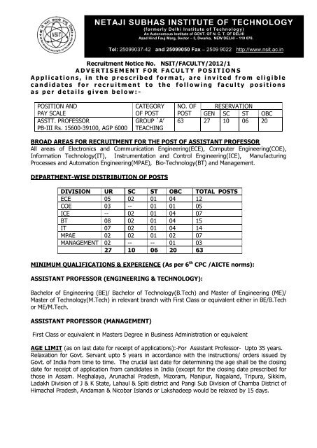 Recruitment Notice No. NSIT - Netaji Subhas Institute of Technology
