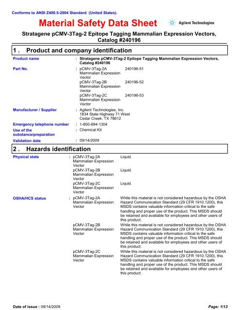 MSDS - pCMV-3Tag-2 Epitope Tagging Mammalian Expression