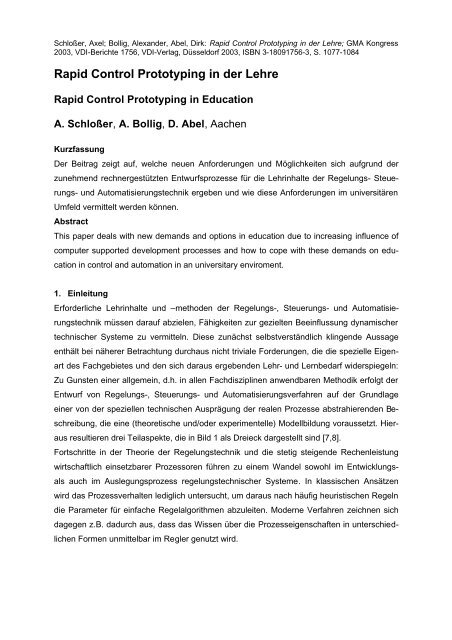 Rapid Control Prototyping in der Lehre - (IRT) der RWTH Aachen
