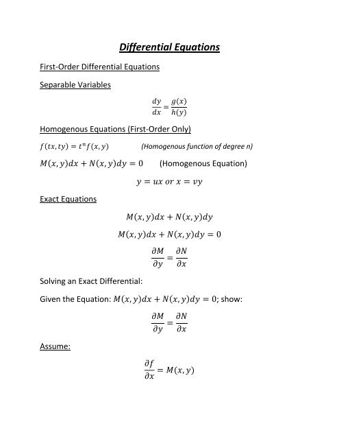 Differential Equations Formulas