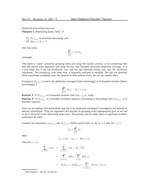 Abel–Dedekind–Dirichlet Theorem - Oregon State University