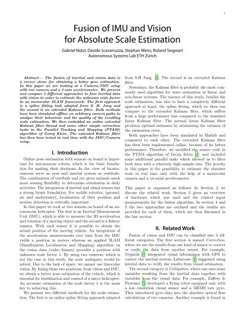 Fusion Of Imu And Vision For Absolute Scale Estimation Eth Zürich