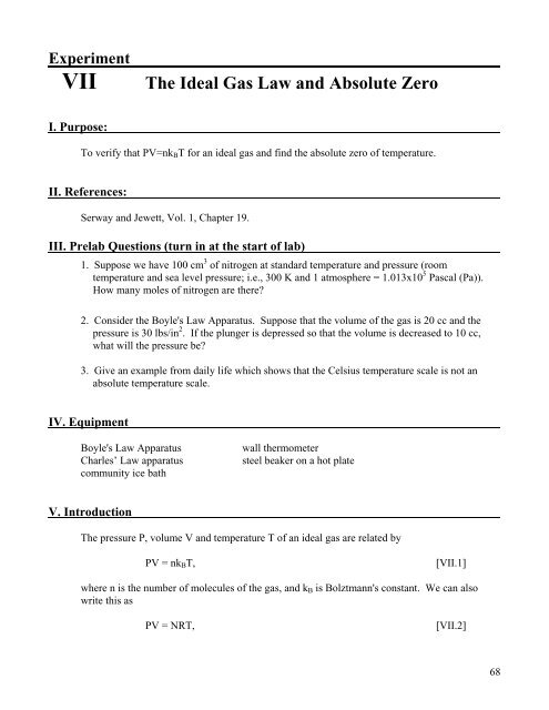 Experiment VII The Ideal Gas Law and Absolute Zero